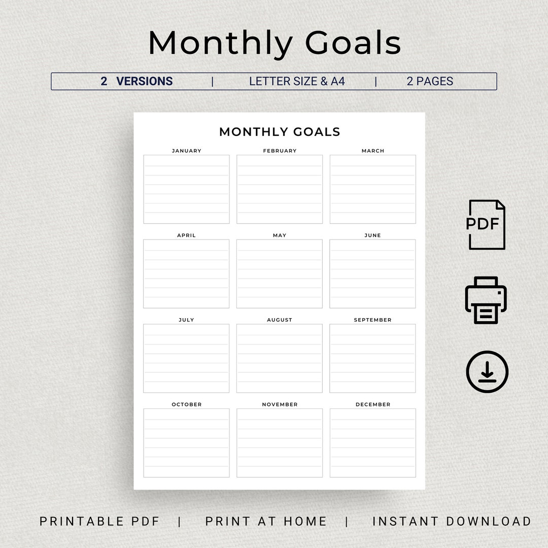 Printable Monthly Goals Planner Monthly Goal Progress Tracker Simple ...