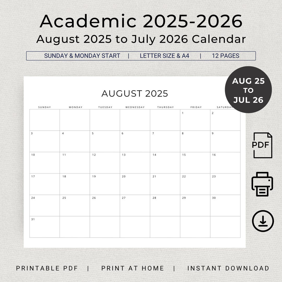 2025-2026 Academic Planner August 2025 to July 2026 Monthly Calendar ...