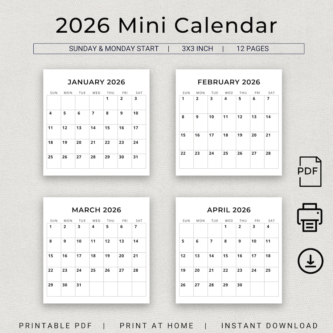 2026 Mini Calendar 3"x3" Small 2026 Mini Planner Monthly Minimalist ...