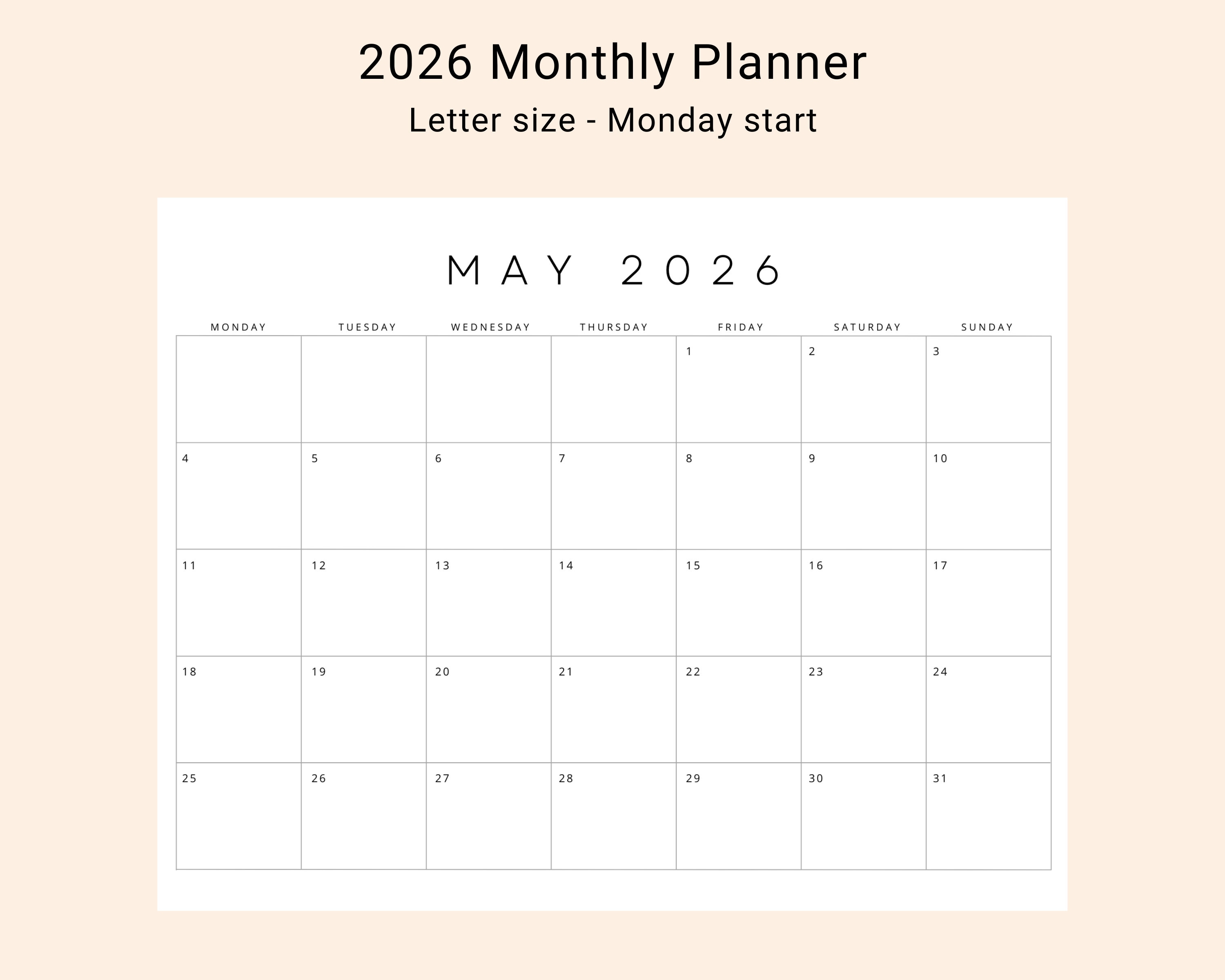 2026 Monthly Calendar 2026 Monthly Planner Landscape Sunday Start ...