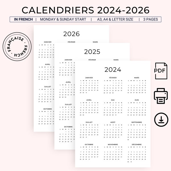 Buy Calendrier Français 2024 2025 2026 Calendrier Annuel Imprimable En ...