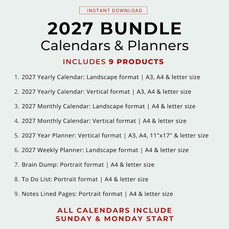 2027 Planner Bundle Printable Calendar & Planner Pack 2027 Yearly ...