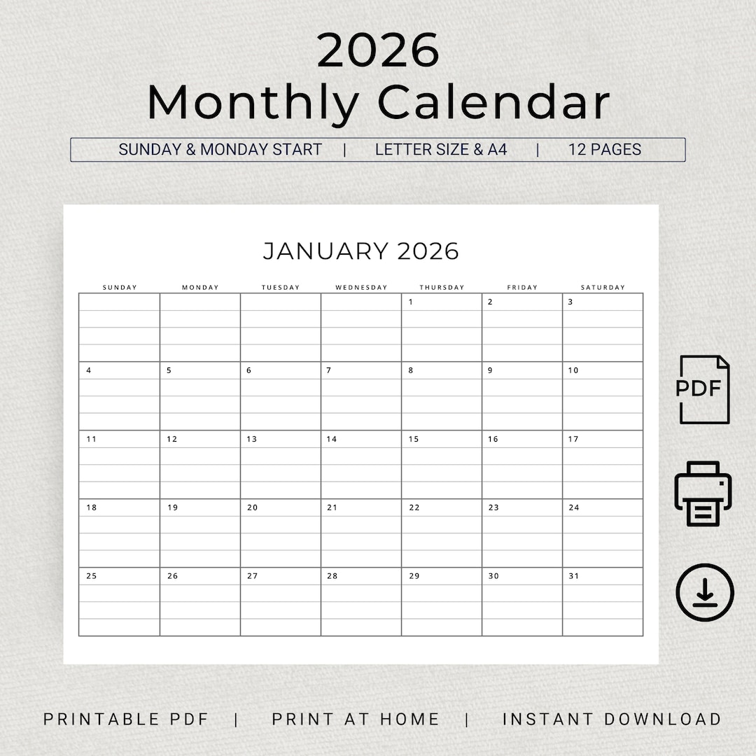 Printable 2026 Monthly Planner With Lines 2026 Calendar Landscape Monday & Sunday Start 2026 ...