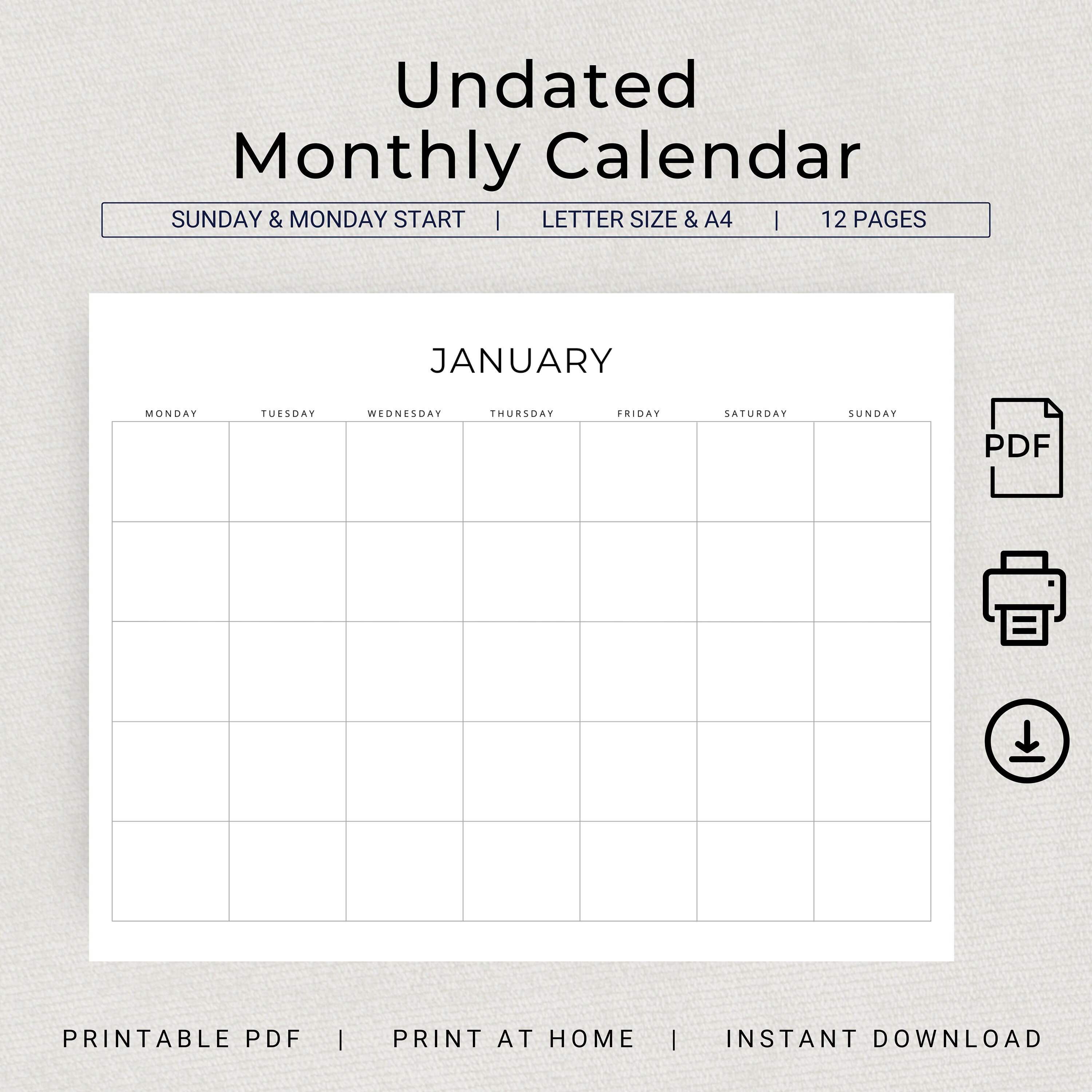 Undated Monthly Calendar Blank Calendar Undated Monthly Planner ...