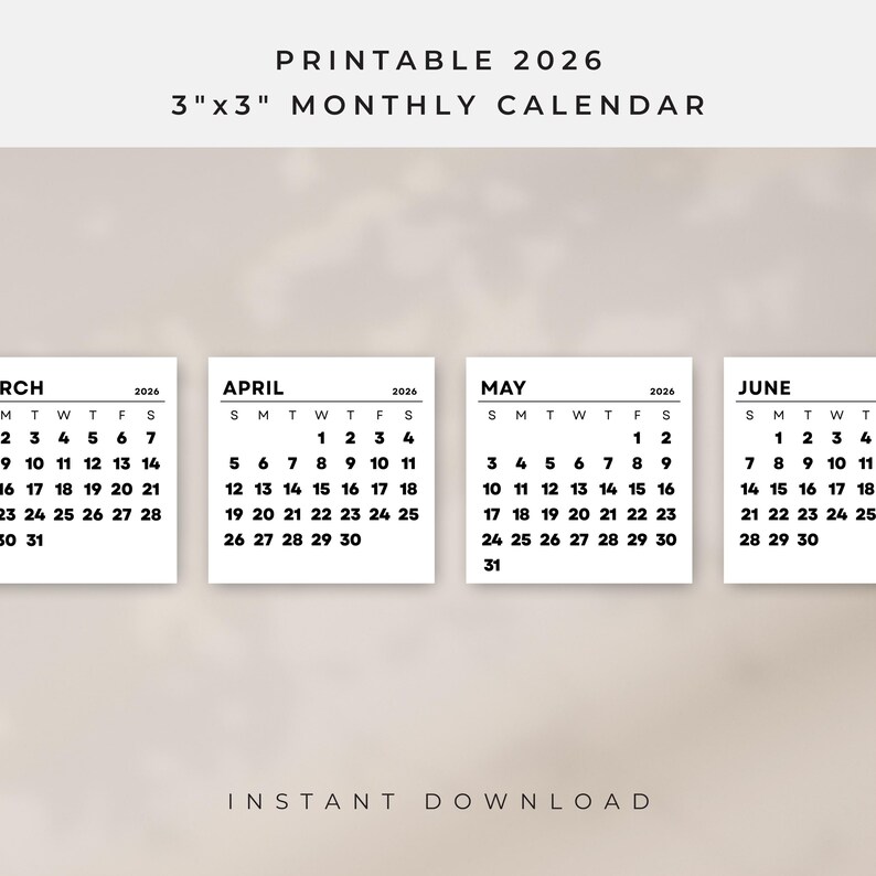 2026 Mini Calendar Easy to Read 2026 Small Calendar Printable 2026 ...