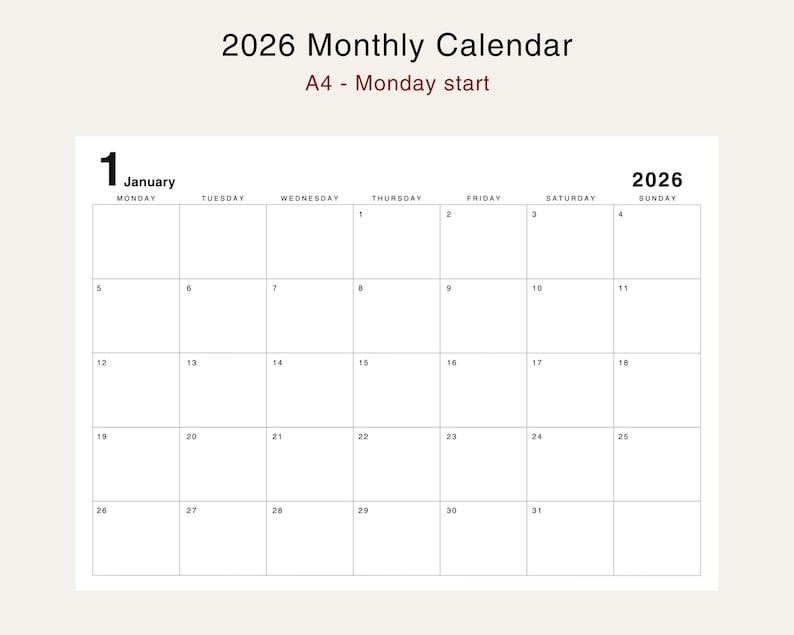 2026 Calendar 2026 Monthly Planner 2026 Minimal Calendar 2026 Landscape ...