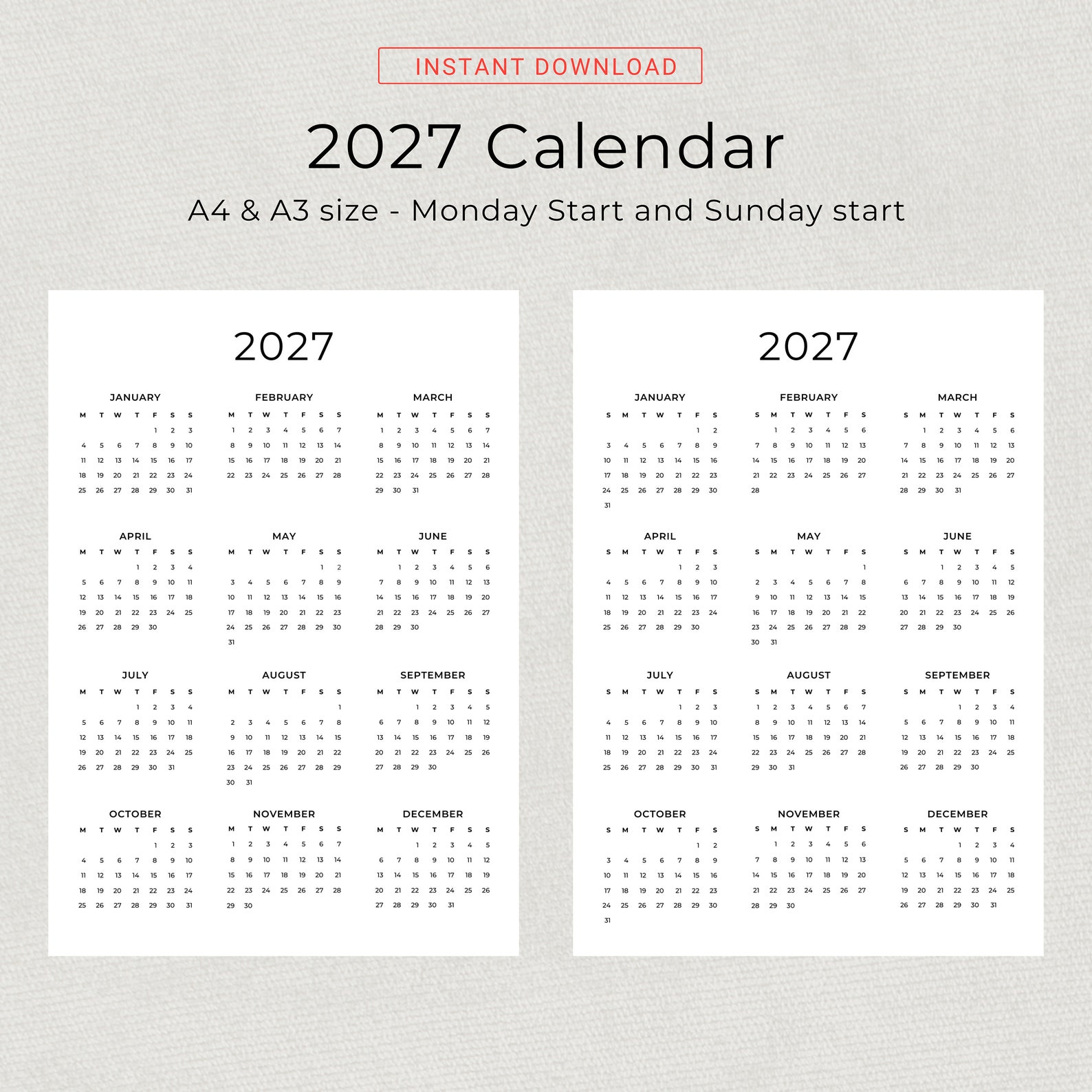 2027 Calendar 2027 Yearly Calendar Printable 2027 Wall Calendar 2027 ...