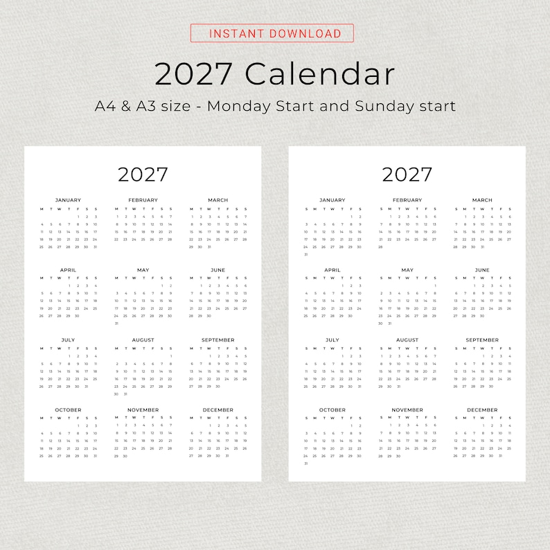 2027 Calendar 2027 Yearly Calendar Printable 2027 Wall Calendar 2027 ...