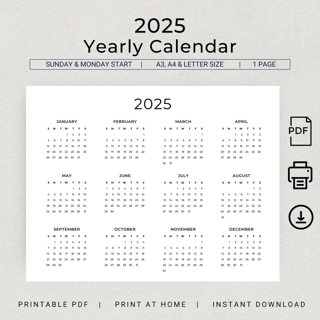 2025 Yearly Calendar 2025 Wall Calendar Printable Calendar Landscape ...