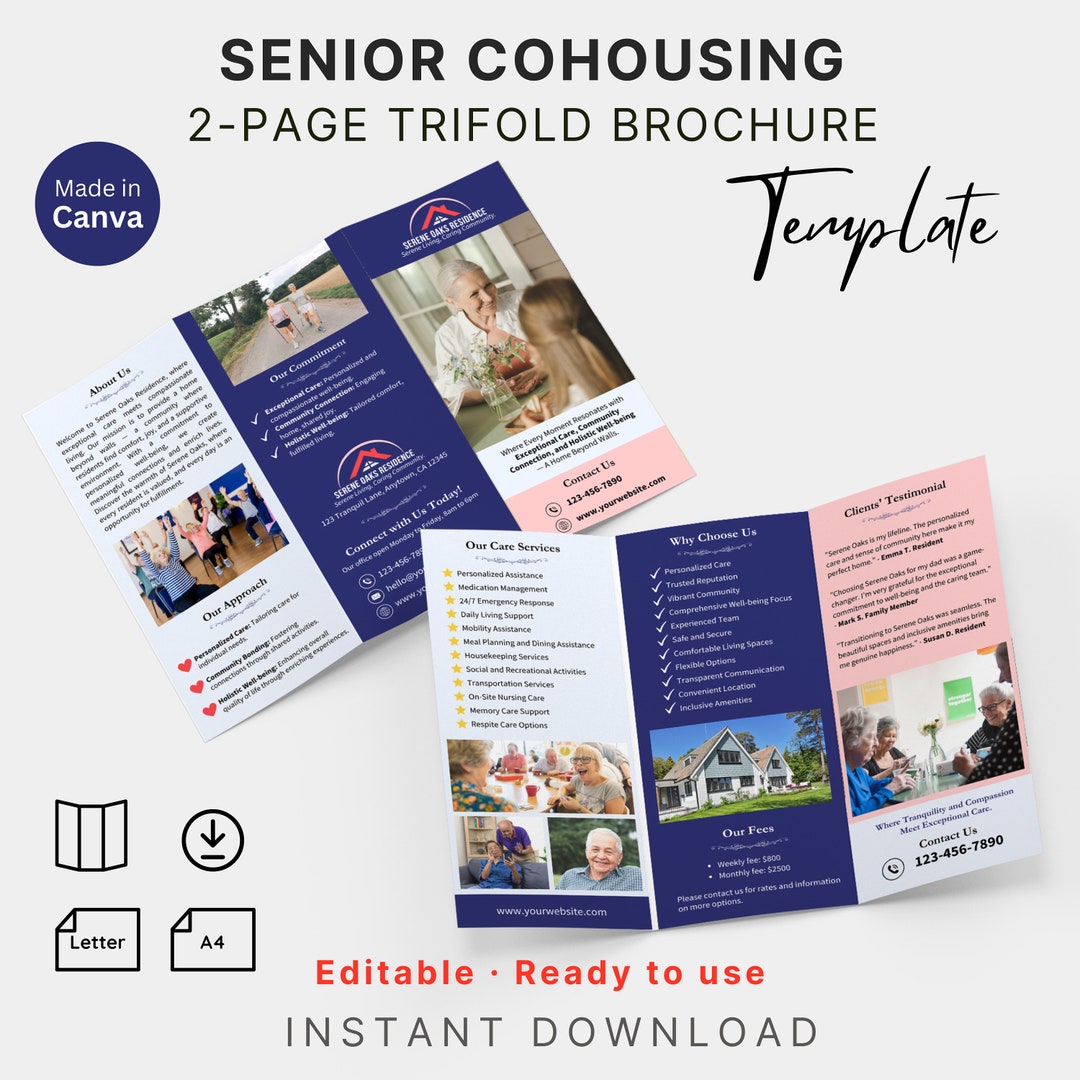 Editable Senior Cohousing Trifold Brochure Canva Template Elderly ...