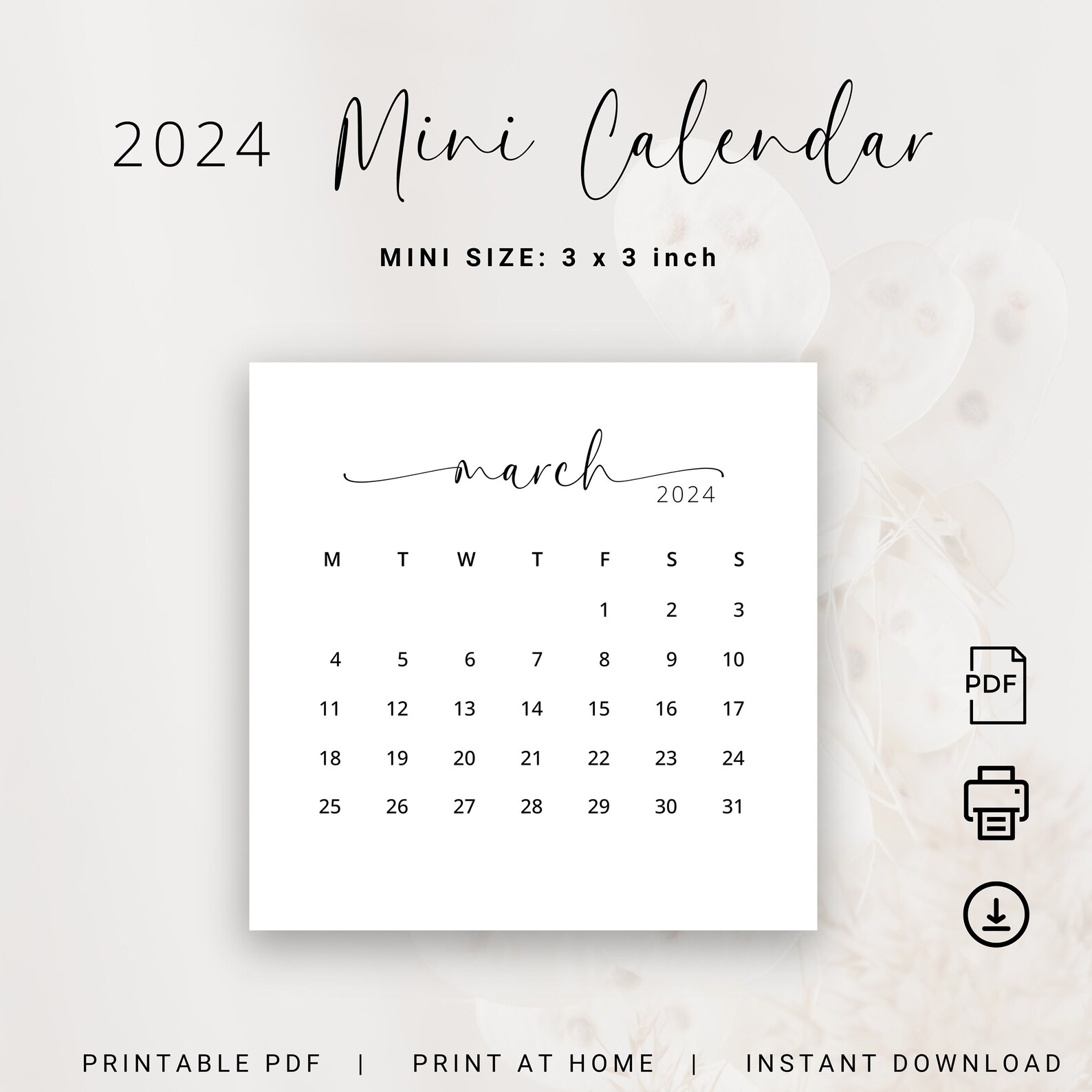 3x3 Mini Calendar 2024 Calendar 2024 Card Calendar Square Printable ...
