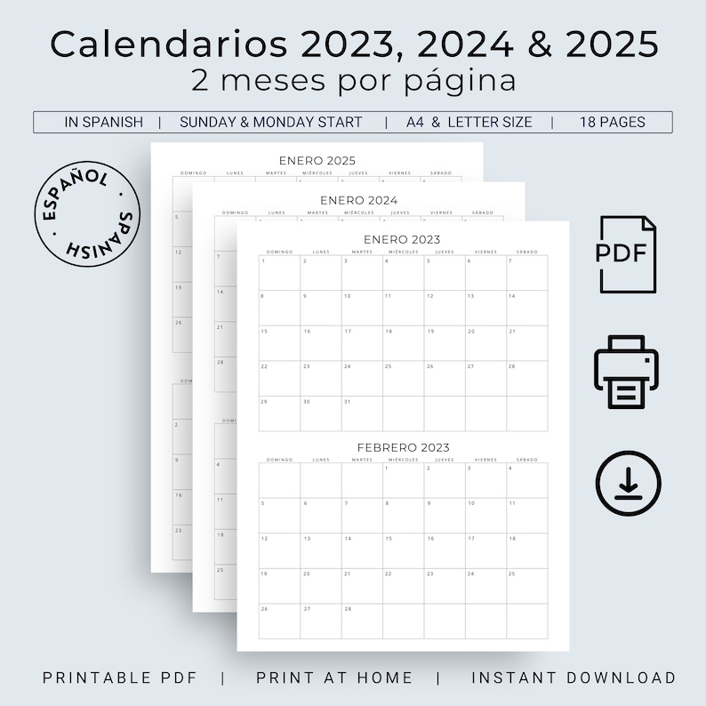 Calendario 2023 2024 2025 Spanish Calendar Printable 2 Months per Page ...