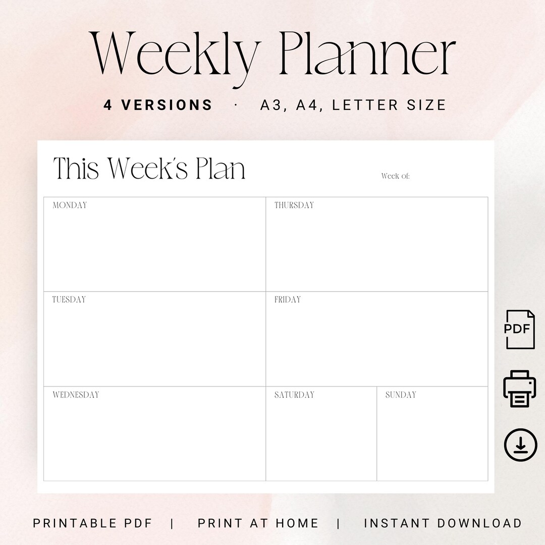 Weekly Planner Printable PDF Agenda Weekly to Do List Minimalist Weekly ...