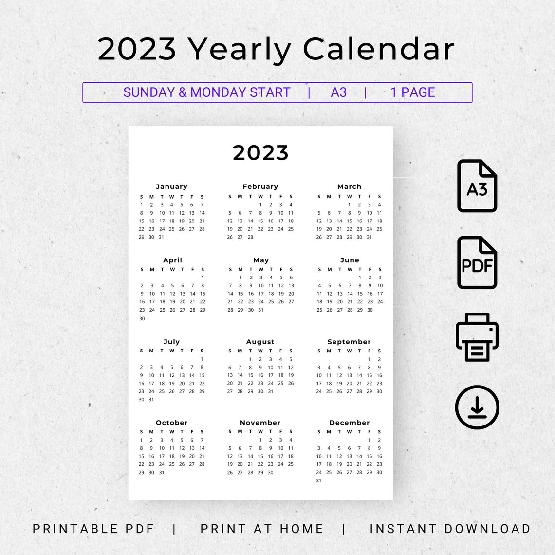 2023 Yearly A3 Wall Calendar Printable One Page 2023 Year at a Glance ...