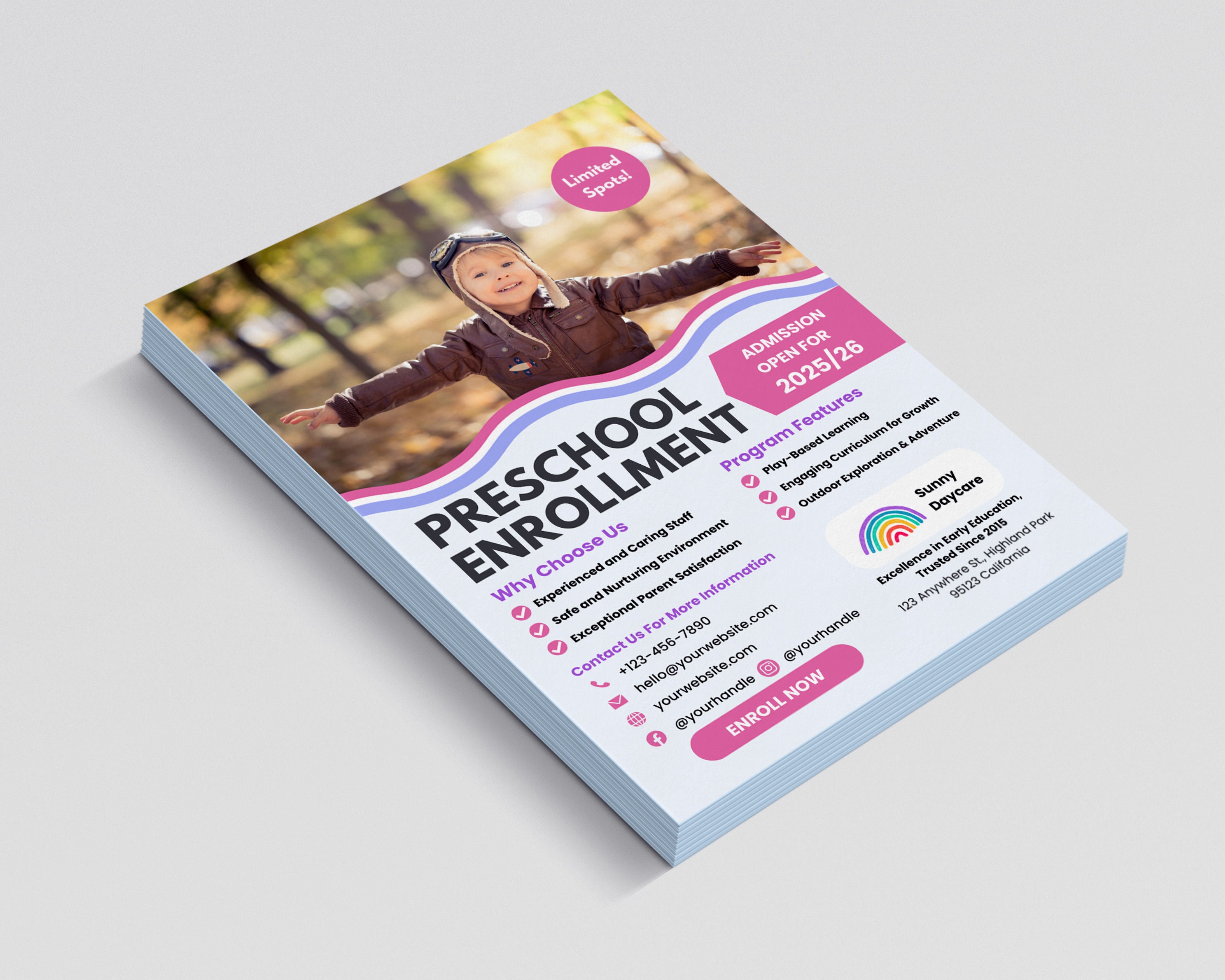 Flyer Template for Preschool Enrollment Leaflet Kids Daycare Brochure ...
