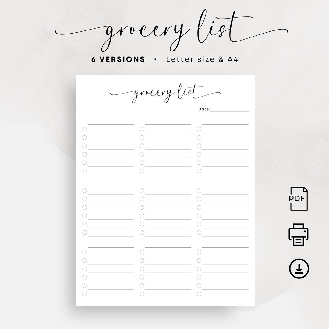 Grocery List Printable Food Shopping List Supermarket Checklist Grocery ...
