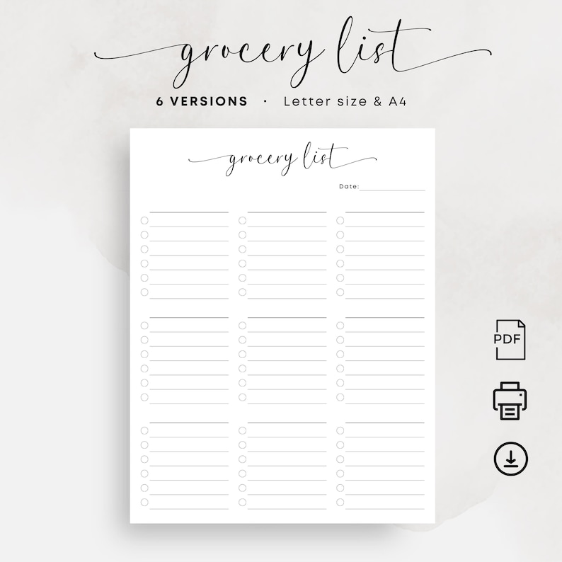 Grocery List Printable Food Shopping List Supermarket Checklist Grocery ...