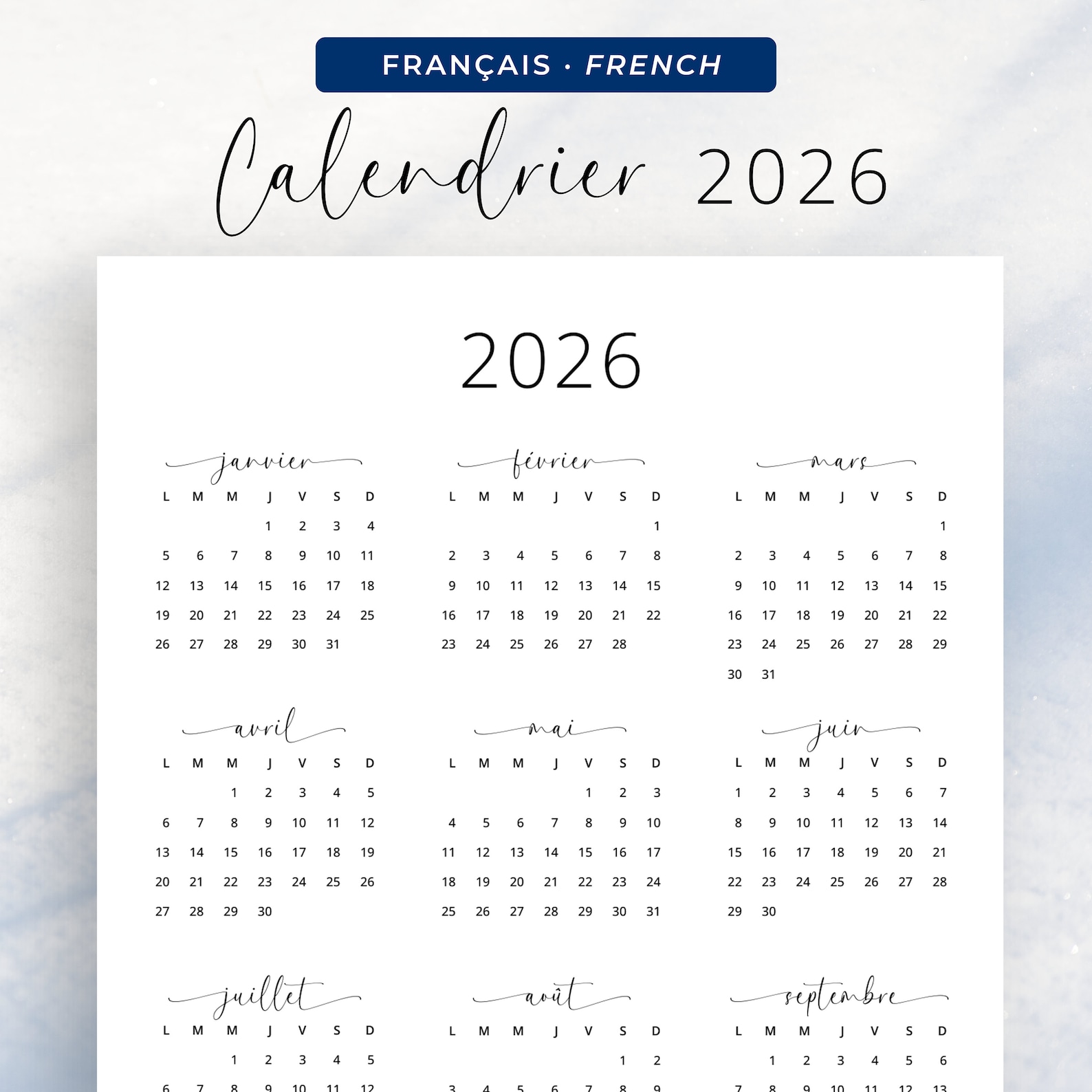 2026 Calendrier Français 2026 Calendrier Annuel 2026 En Français ...