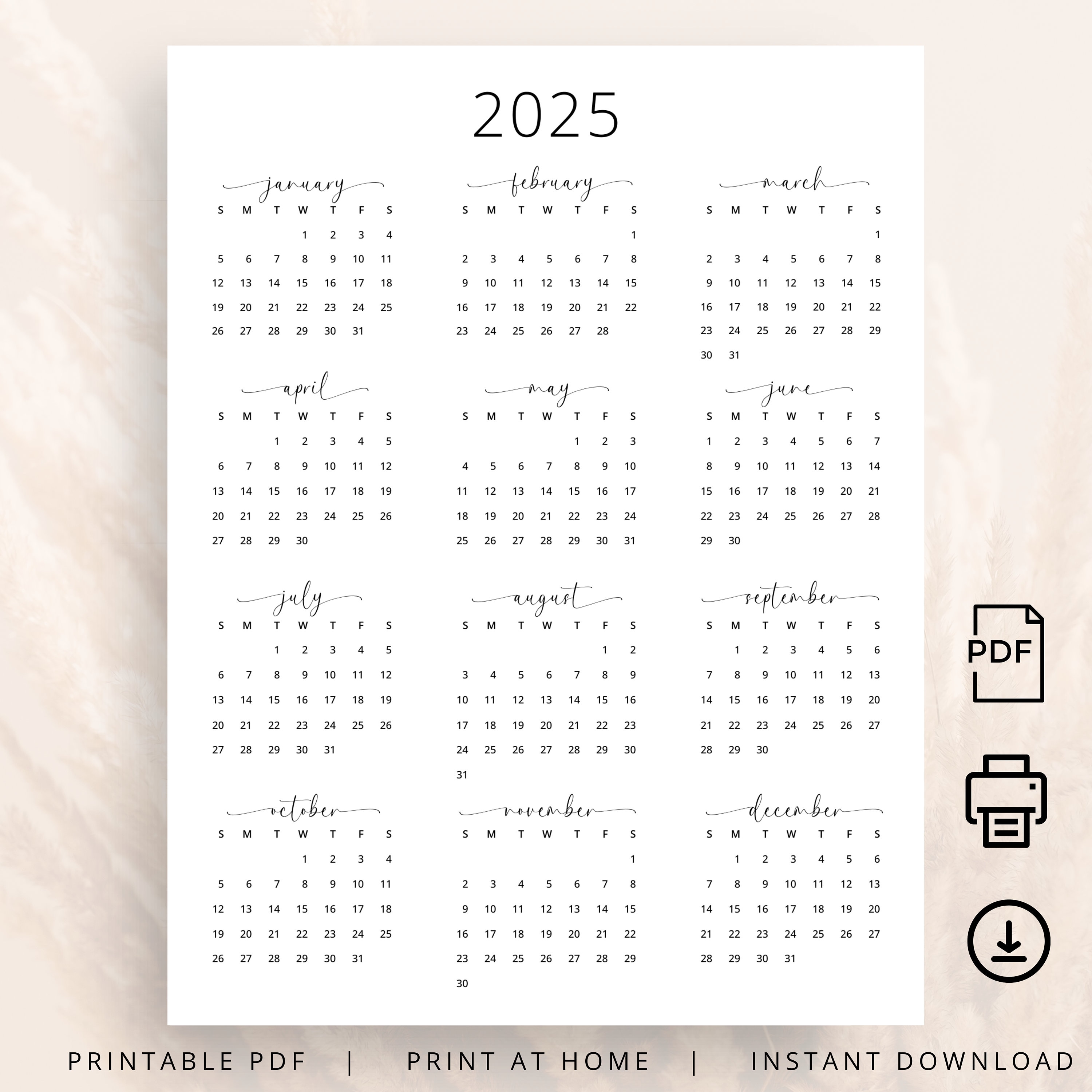 2025 Yearly Calendar 2025 Annual Calendar Printable 2025 Calendar ...