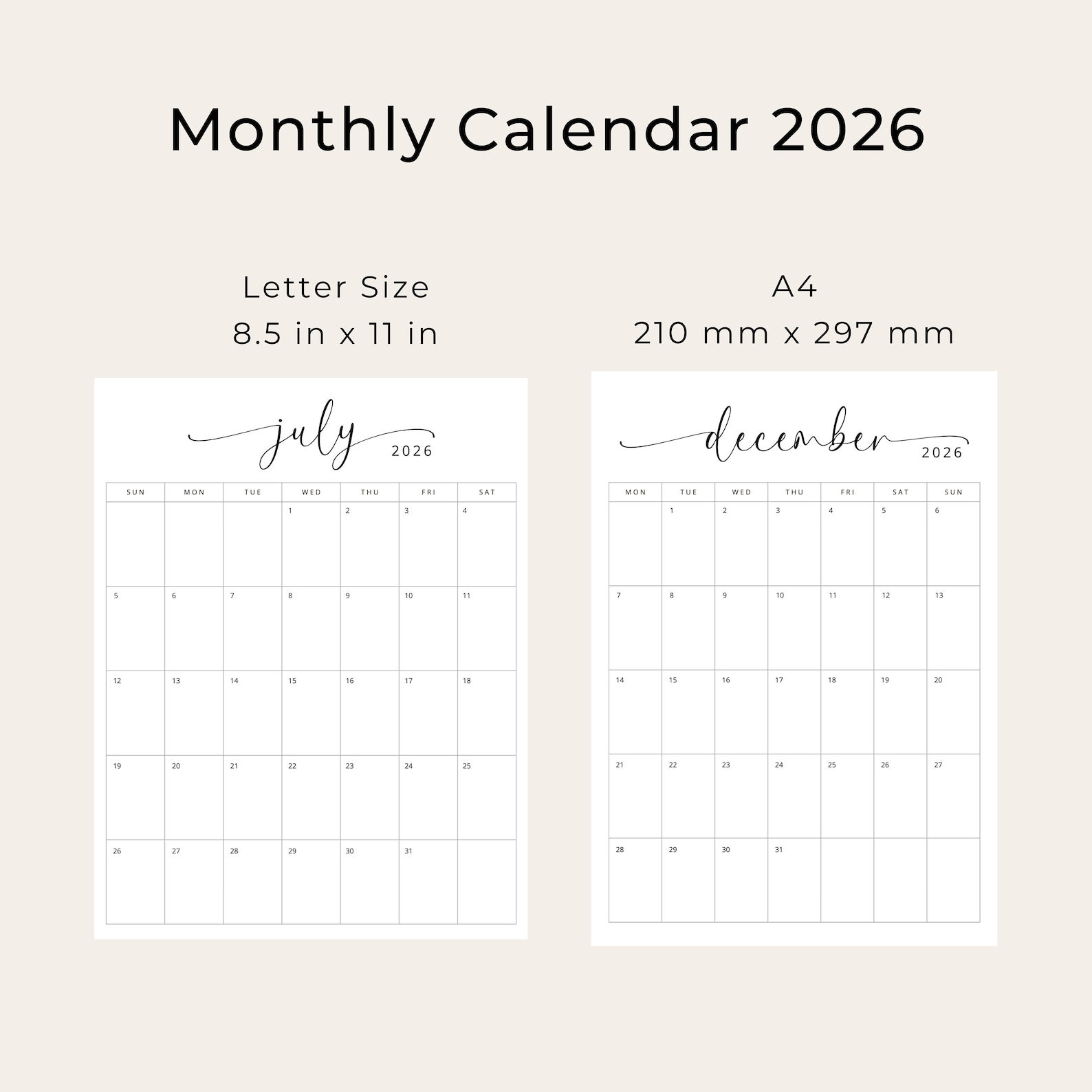 2026 Calendar 2026 Monthly Planner Vertical 2026 Elegant Monthly ...