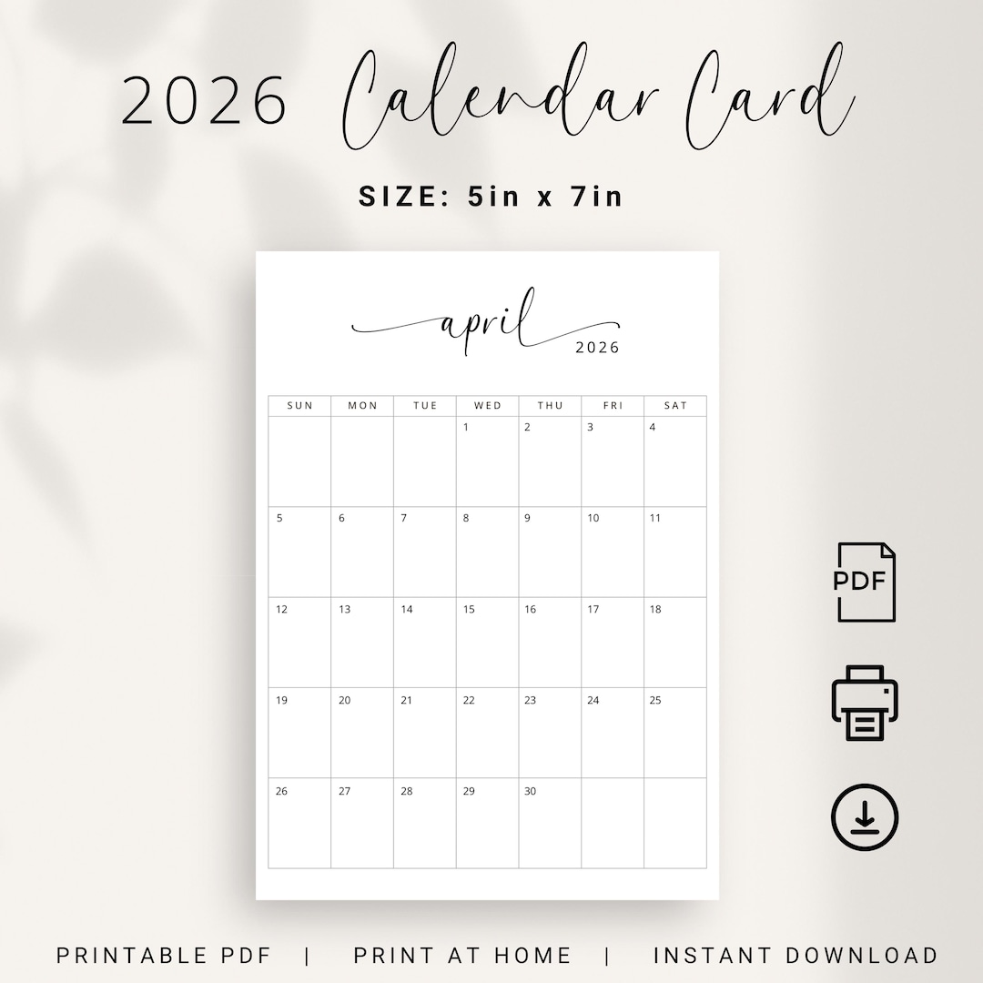 2026 Calendar 5x7 Inch 2026 Small Calendar Card PRINTABLE Elegant ...