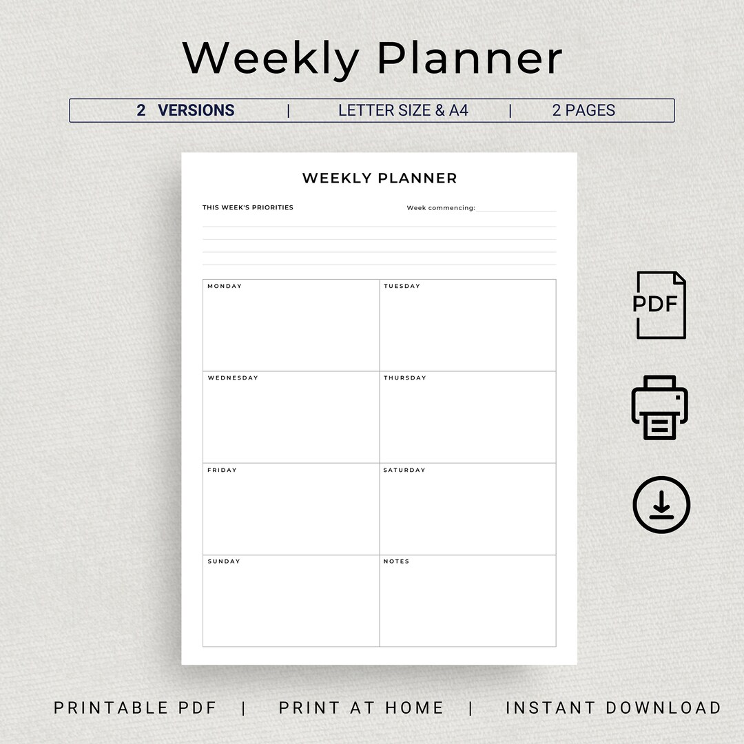 Week at a Glance Printable Weekly Planner Minimal Week Overview Office ...
