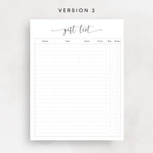 Gift List Printable Gift Ideas Gift Shopping List Present List Birthday ...