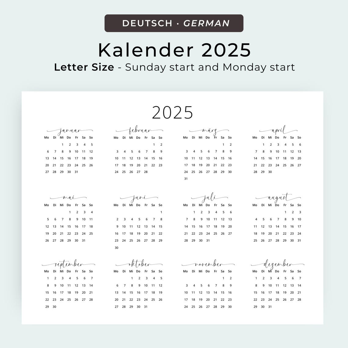 Kalender Deutsch 2025 Kalender 2025 Yearly Calendar in German 2025 ...