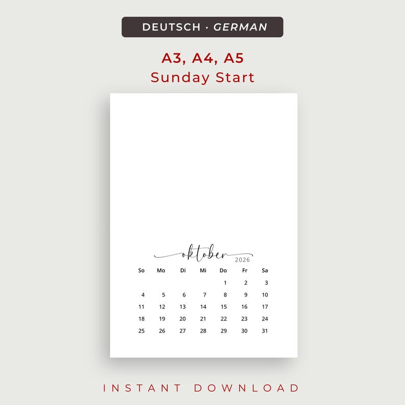 2026 Kalendar A3 A4 A5 2026 Kalender Auf Deutsch PRINTABLE PDF Elegant ...