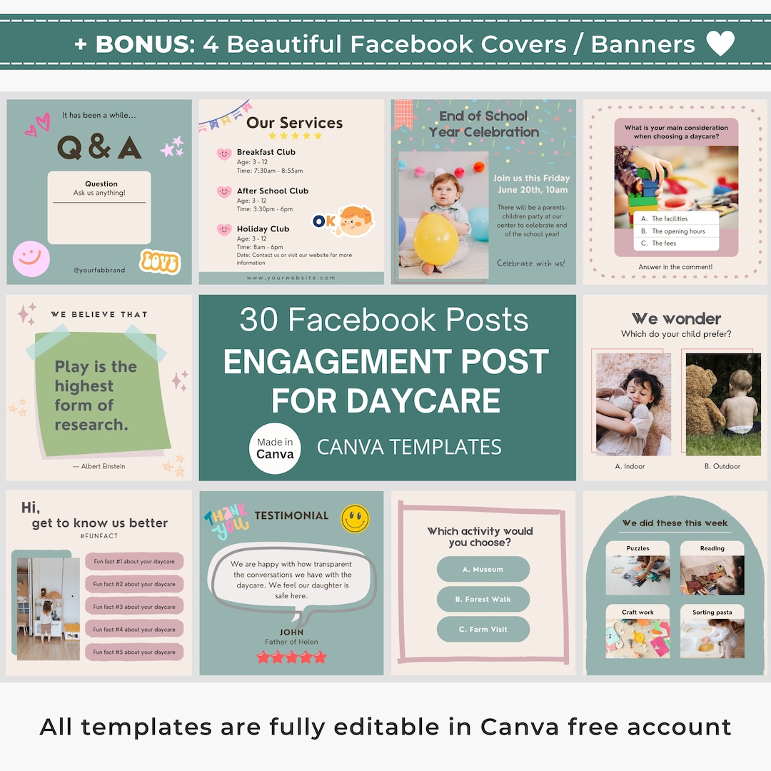 30 Preschool Daycare Facebook Engagement Post Canva Template Childcare ...
