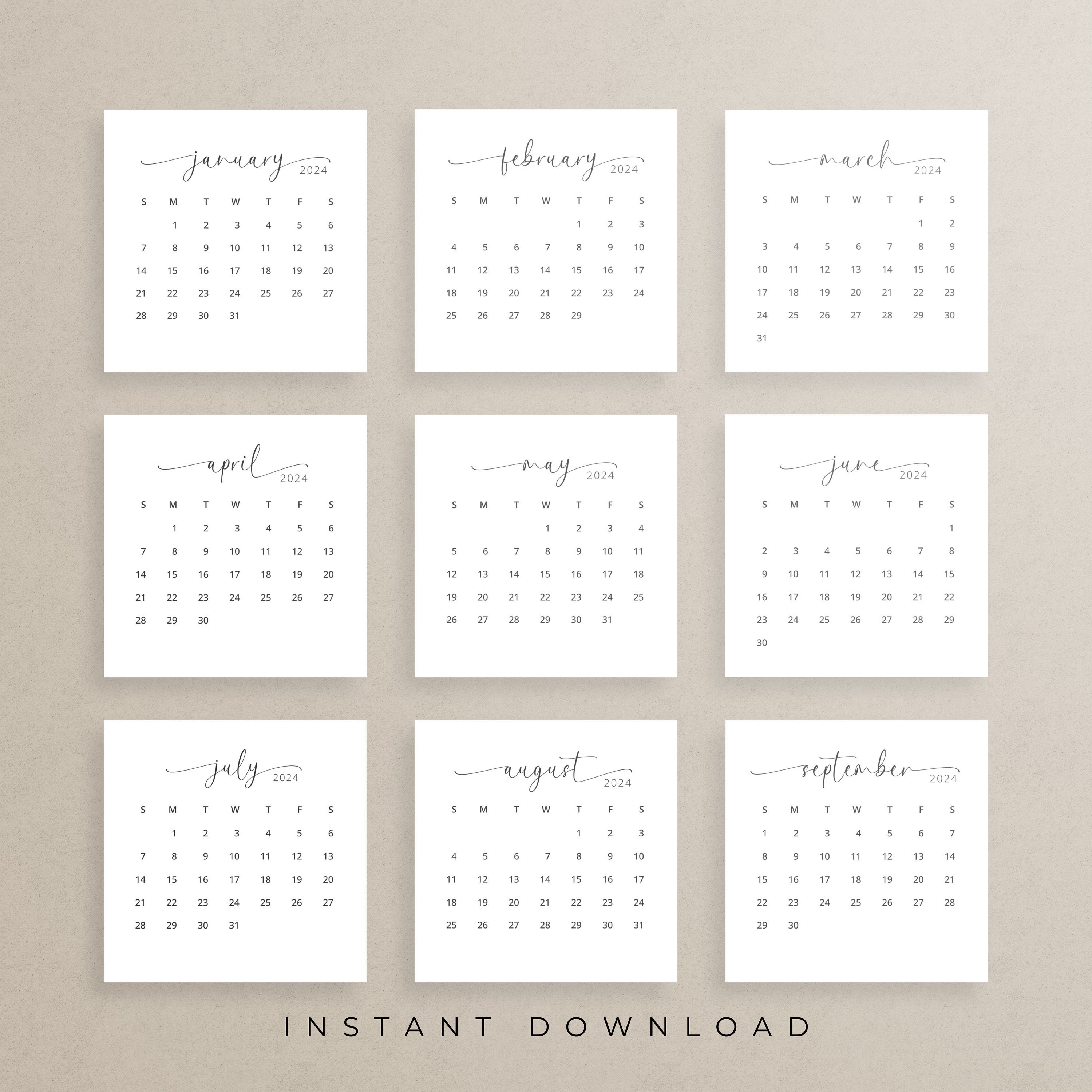 3x3 Mini Calendar 2024 Calendar 2024 Card Calendar Square Printable ...