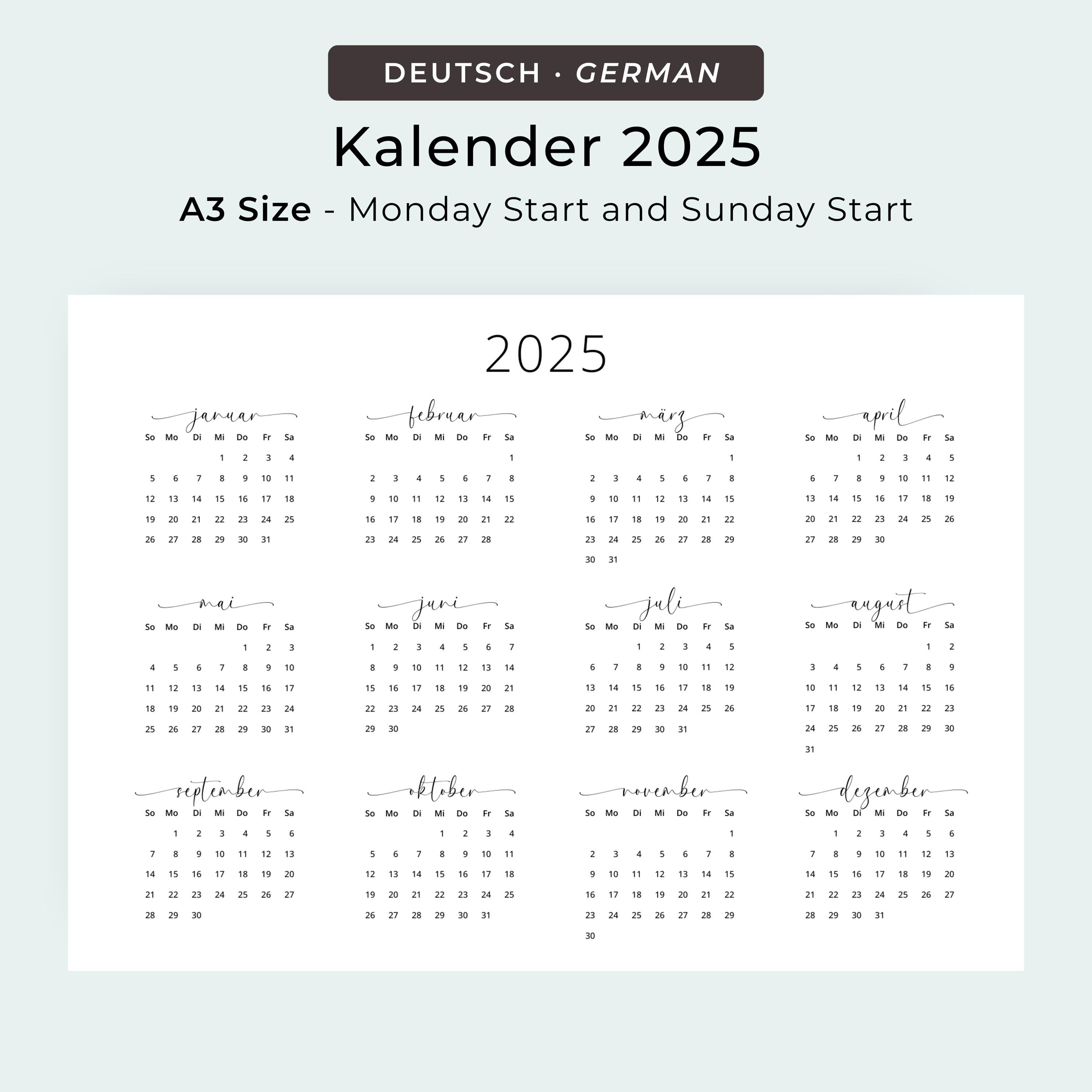 Kalender Deutsch 2025 Kalender 2025 Yearly Calendar in German 2025 ...