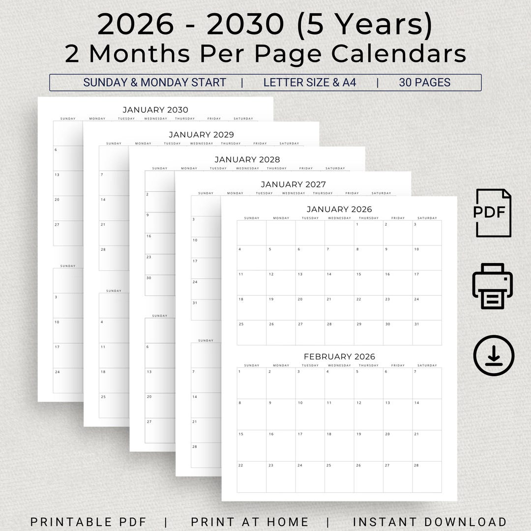 2026-2030 Minimalistischer Kalender 5 Jahre 2 Monatsansicht 2026 bis ...