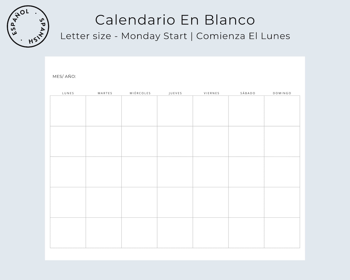 Calendario En Blanco Spanish Blank Calendar Calendario Mensual - Etsy