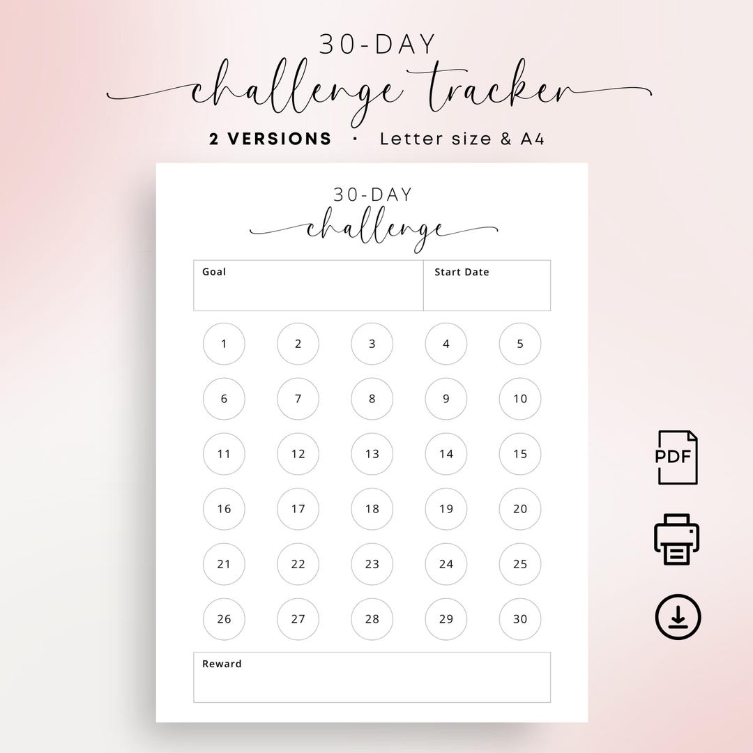 30-day Challenge Tracker Printable Goal Tracker Goal Setting Progress ...