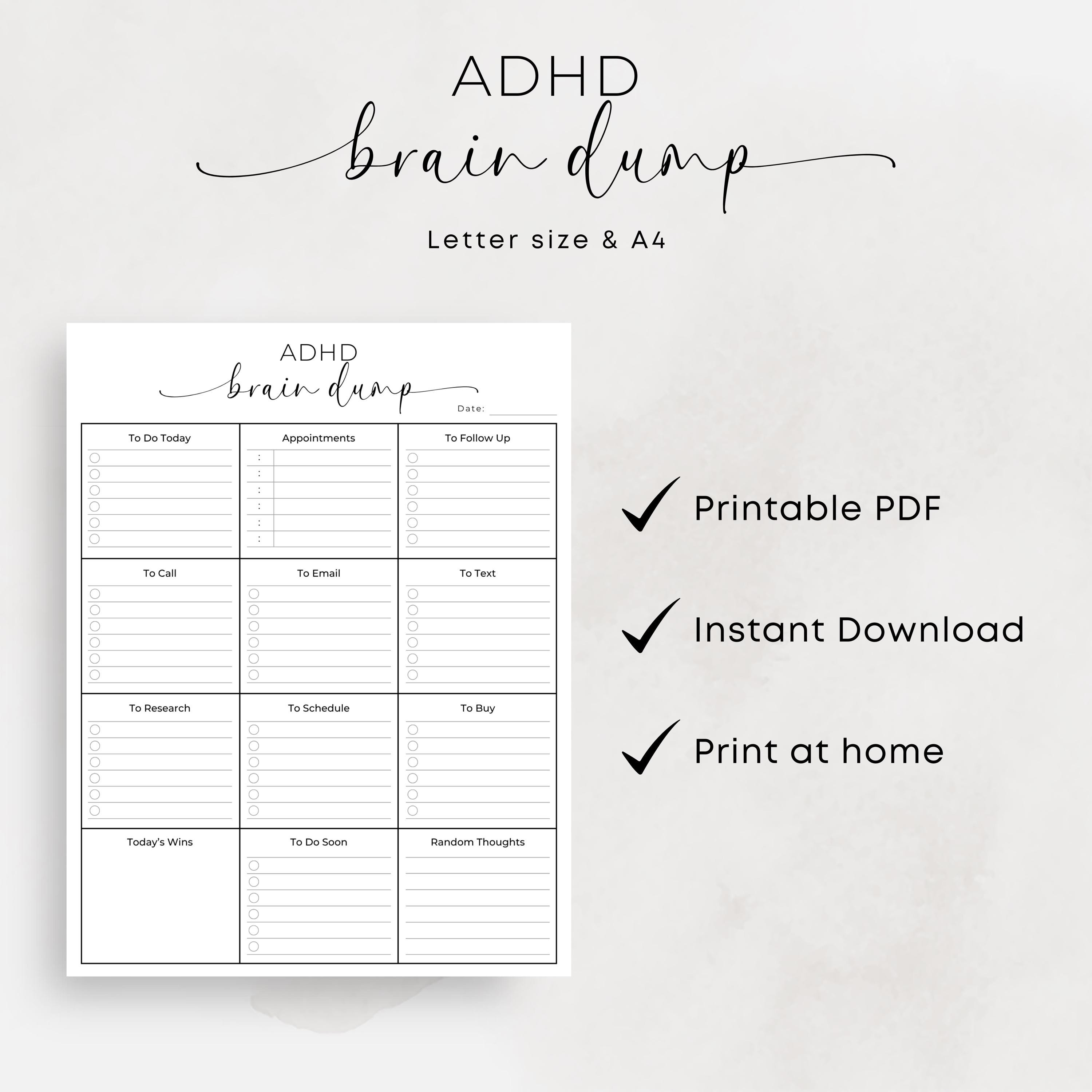 ADHD Brain Dump Printable PDF ADHD Daily Planner Minimalist Organizer ...