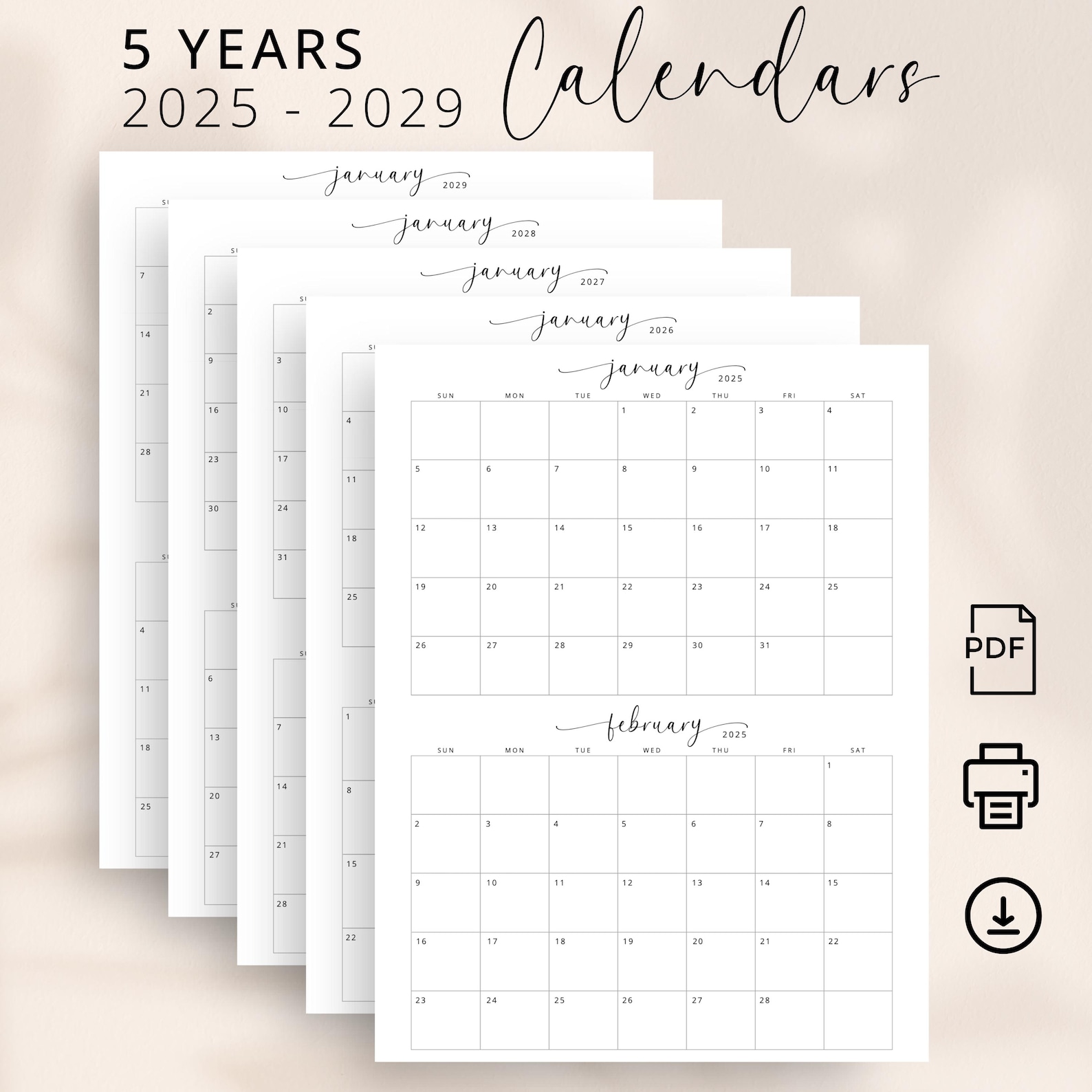 5 Years Calendar 2025-2029 Calendar Five Years Planner 2 Months per ...