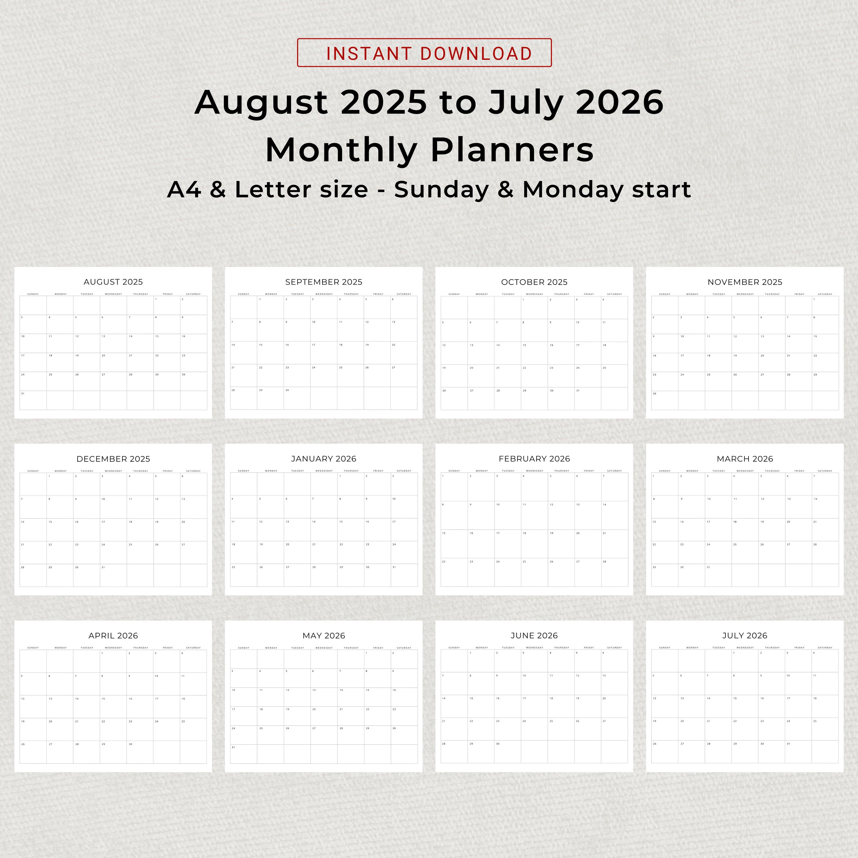 2025-2026 Academic Planner August 2025 to July 2026 Monthly Calendar ...