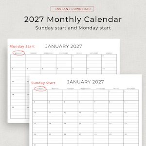 2027 Monthly Planner Lined 2027 Calendar With Lines Landscape Sunday ...