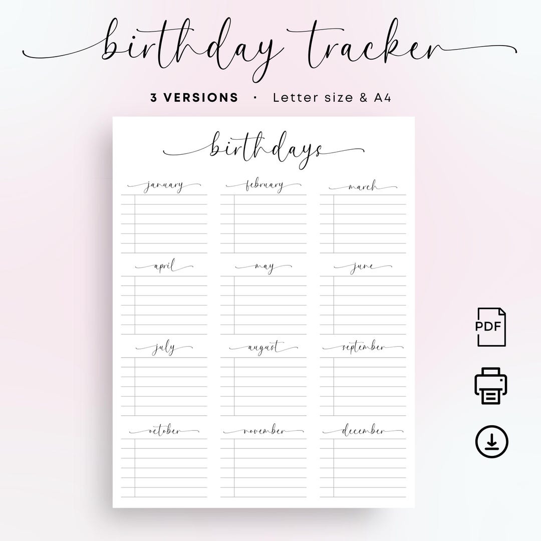 Printable Birthday Tracker PDF Birthday Calendar for Home Birthday ...
