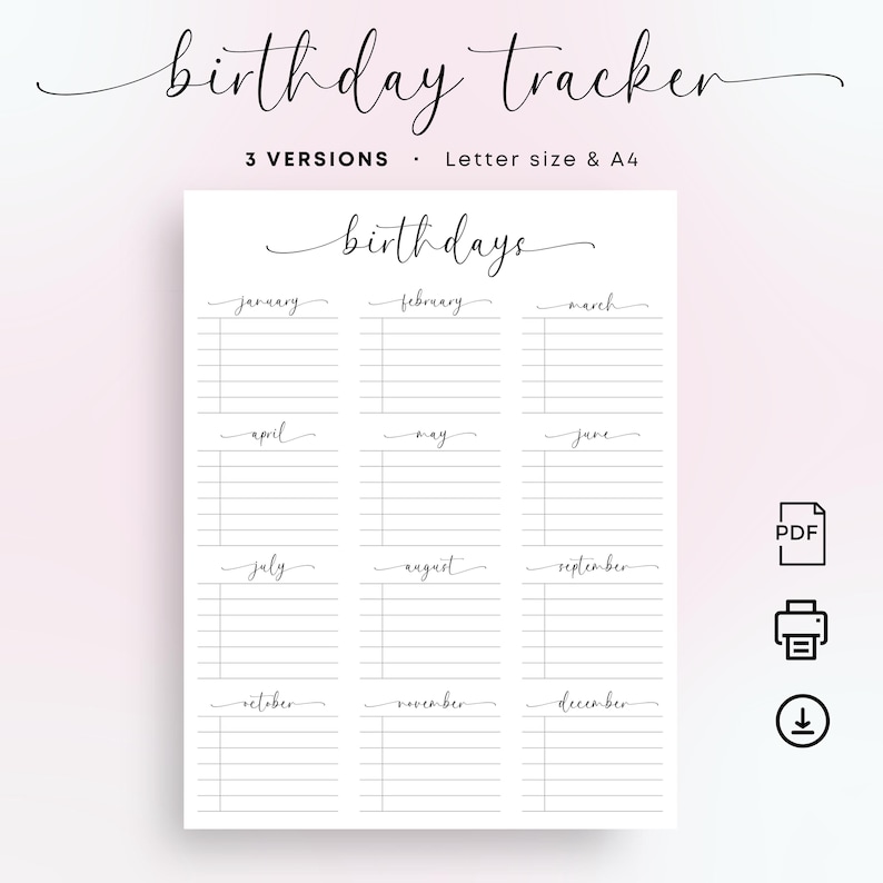 Printable Birthday Tracker PDF Birthday Calendar for Home Birthday ...