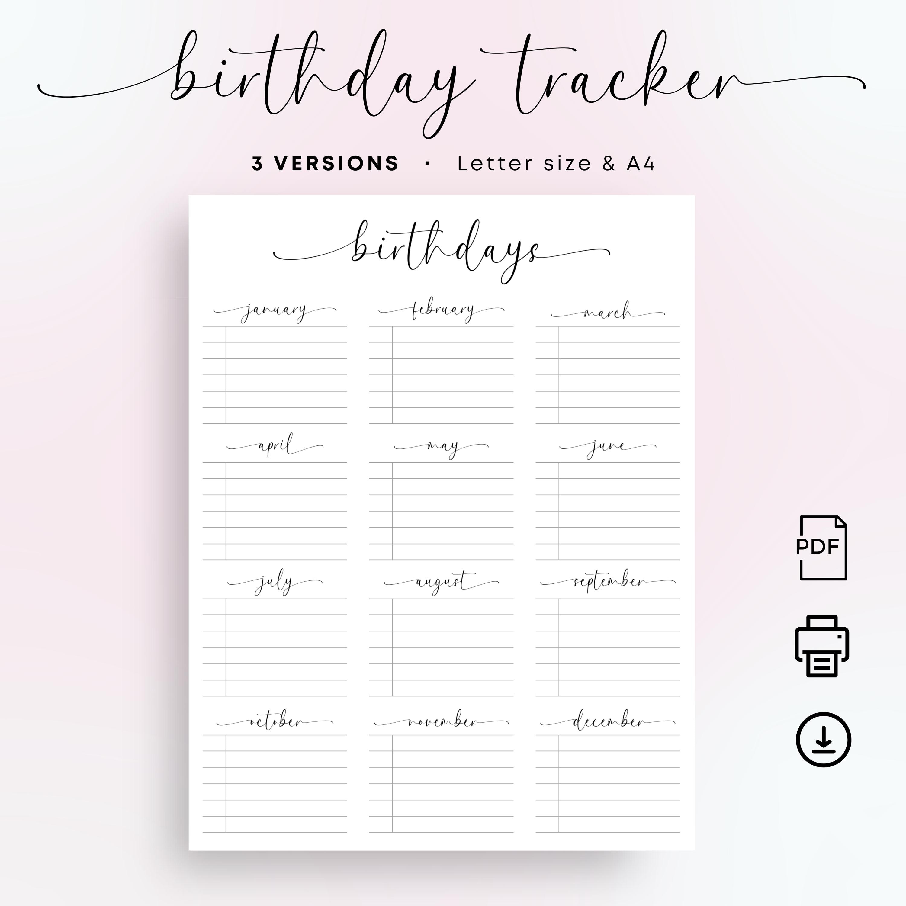 Printable Birthday Tracker PDF Birthday Calendar for Home Birthday ...