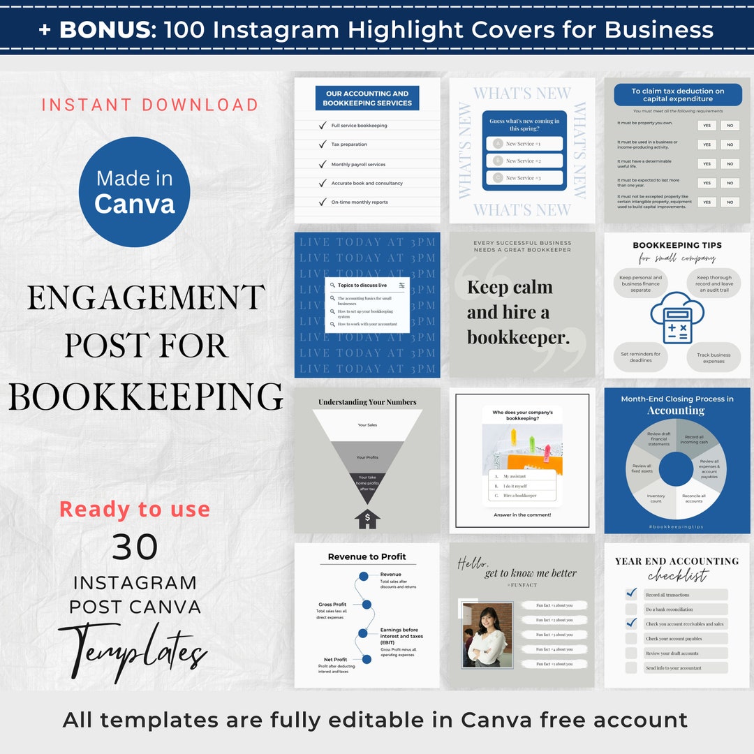 30 Engagement Post for Bookkeeping Instagram Canva Templates Bookkeeper ...