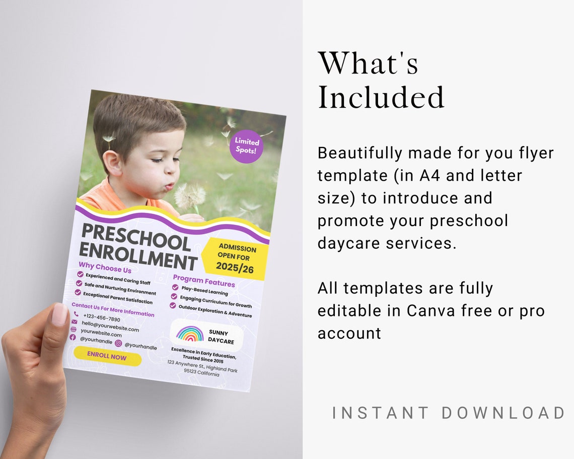 Printable Flyer Template for Preschool Daycare Enrollment Leaflet Kids ...