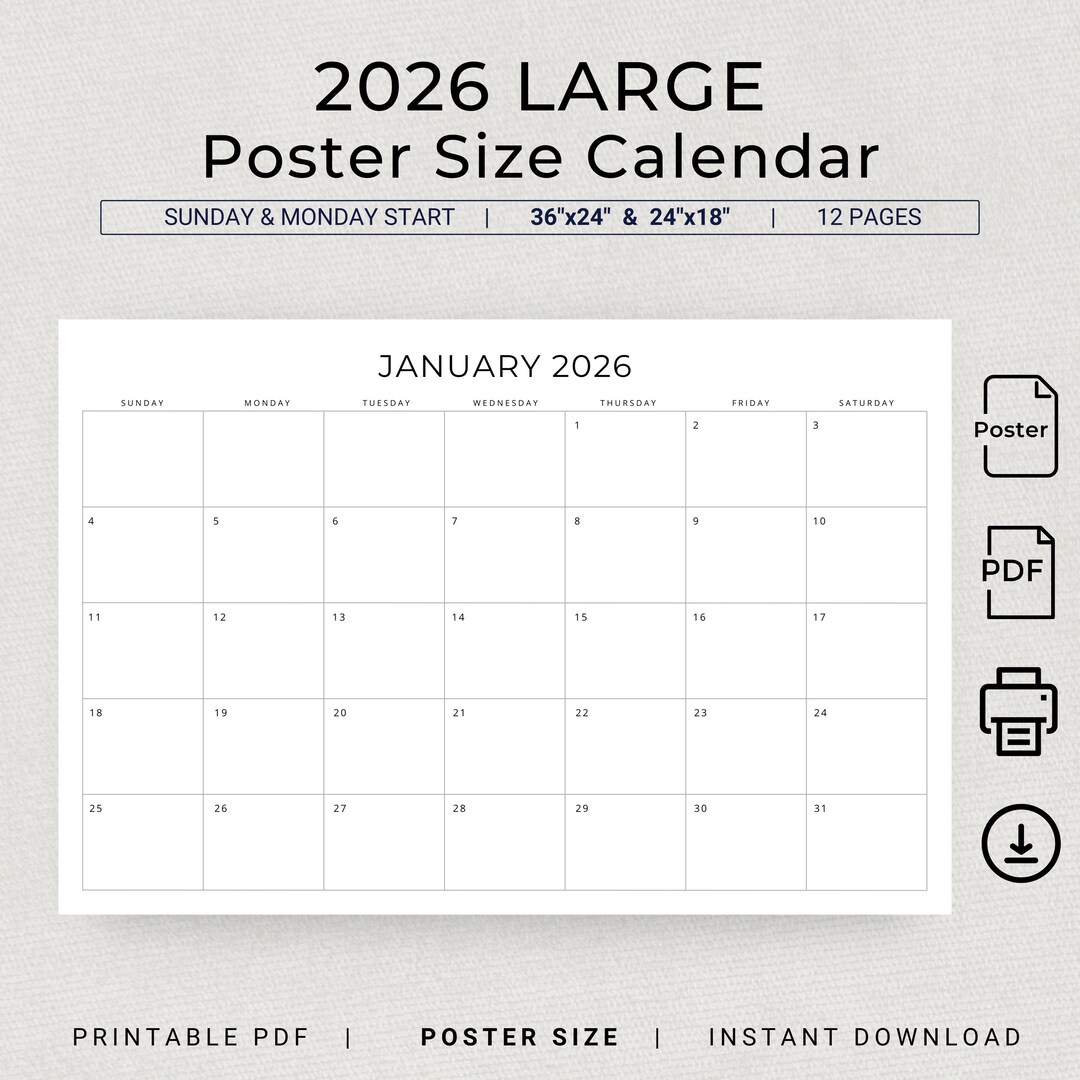 2026 Large Calendar 2026 Monthly Planner Poster 24x18 36x24 Calendar ...