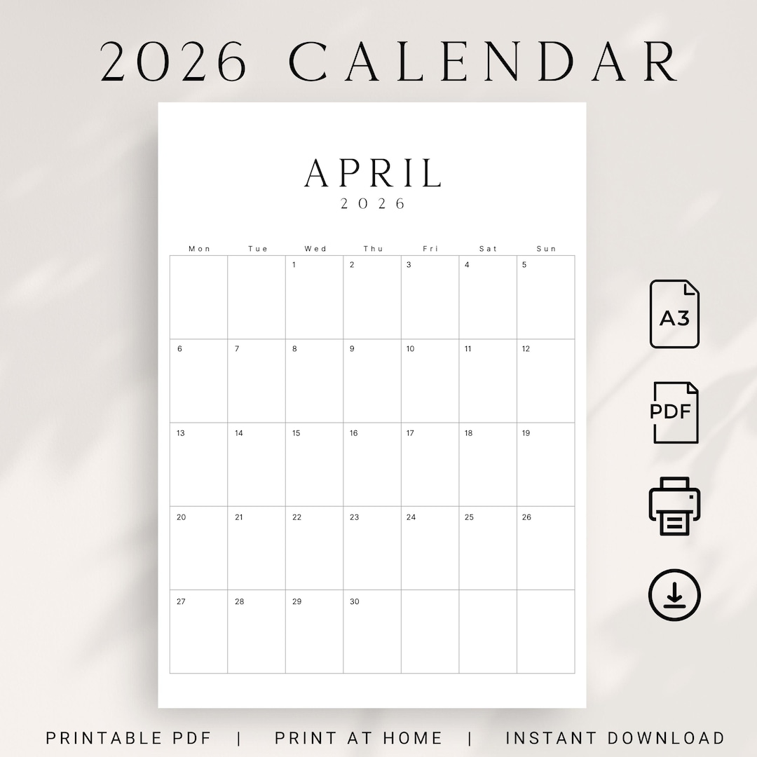 A3 2026 Printable Calendar 2026 Monthly Planner Vertical LUXE Sunday ...