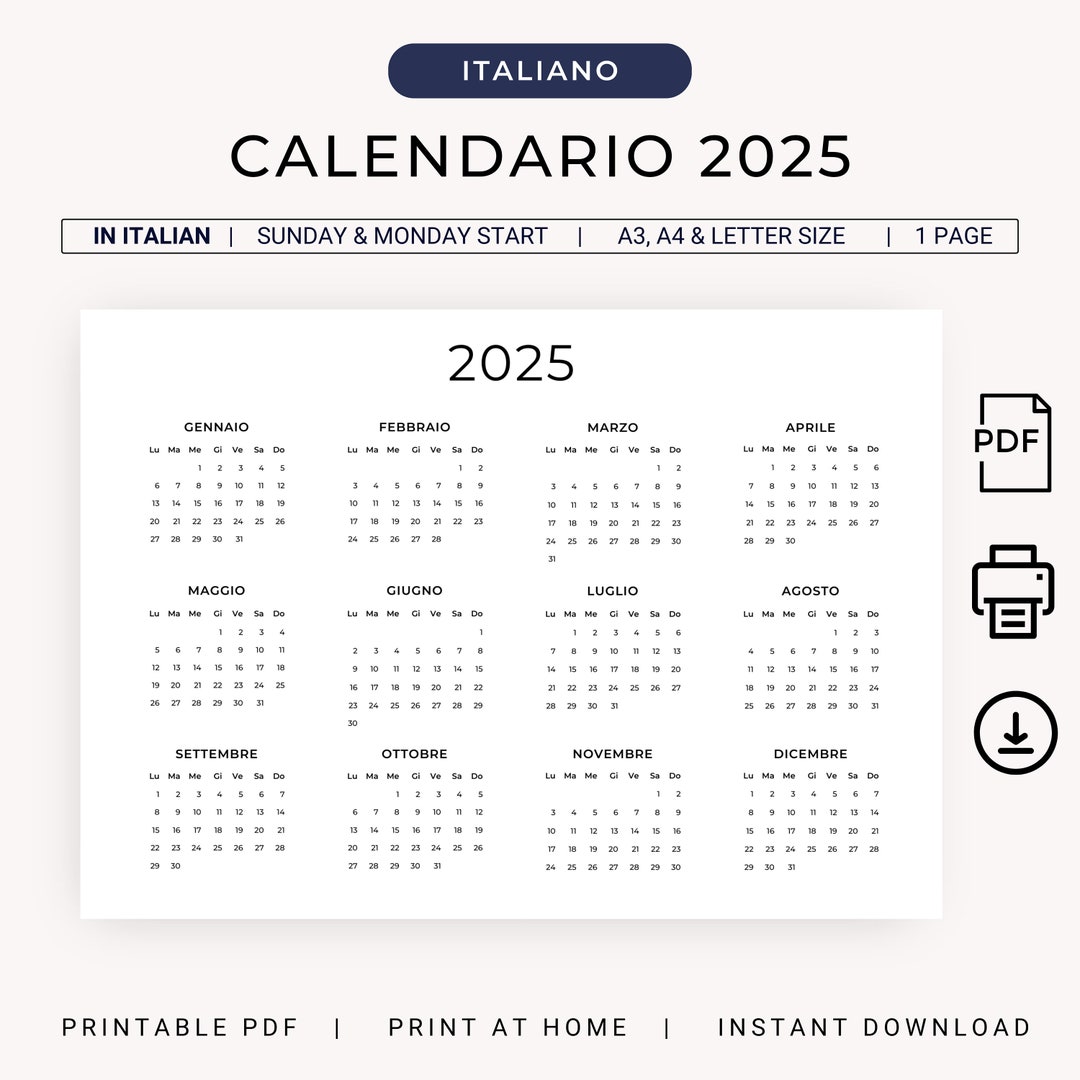 Calendario 2025 Calendario Annuale 2025 Calendario in Italiano 2025 ...
