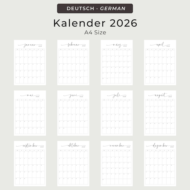 2026 Kalender 2026 Kalender Deutsch Monatsplaner 2026 Portrait German ...