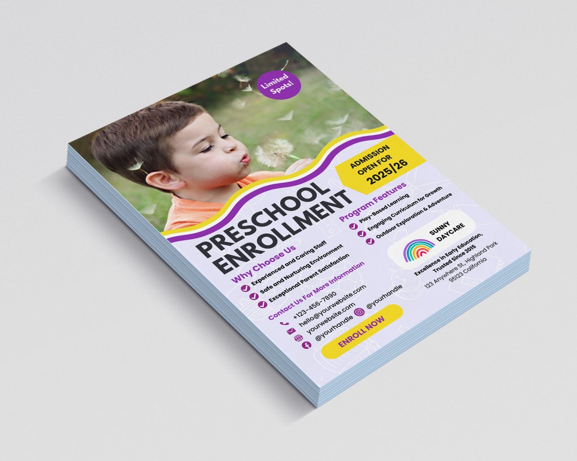 Printable Flyer Template for Preschool Daycare Enrollment Leaflet Kids ...