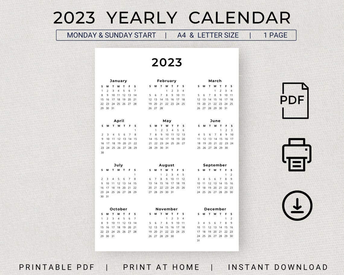 2023 Yearly Calendar Printable One Page Wall Calendar 2023 - Etsy
